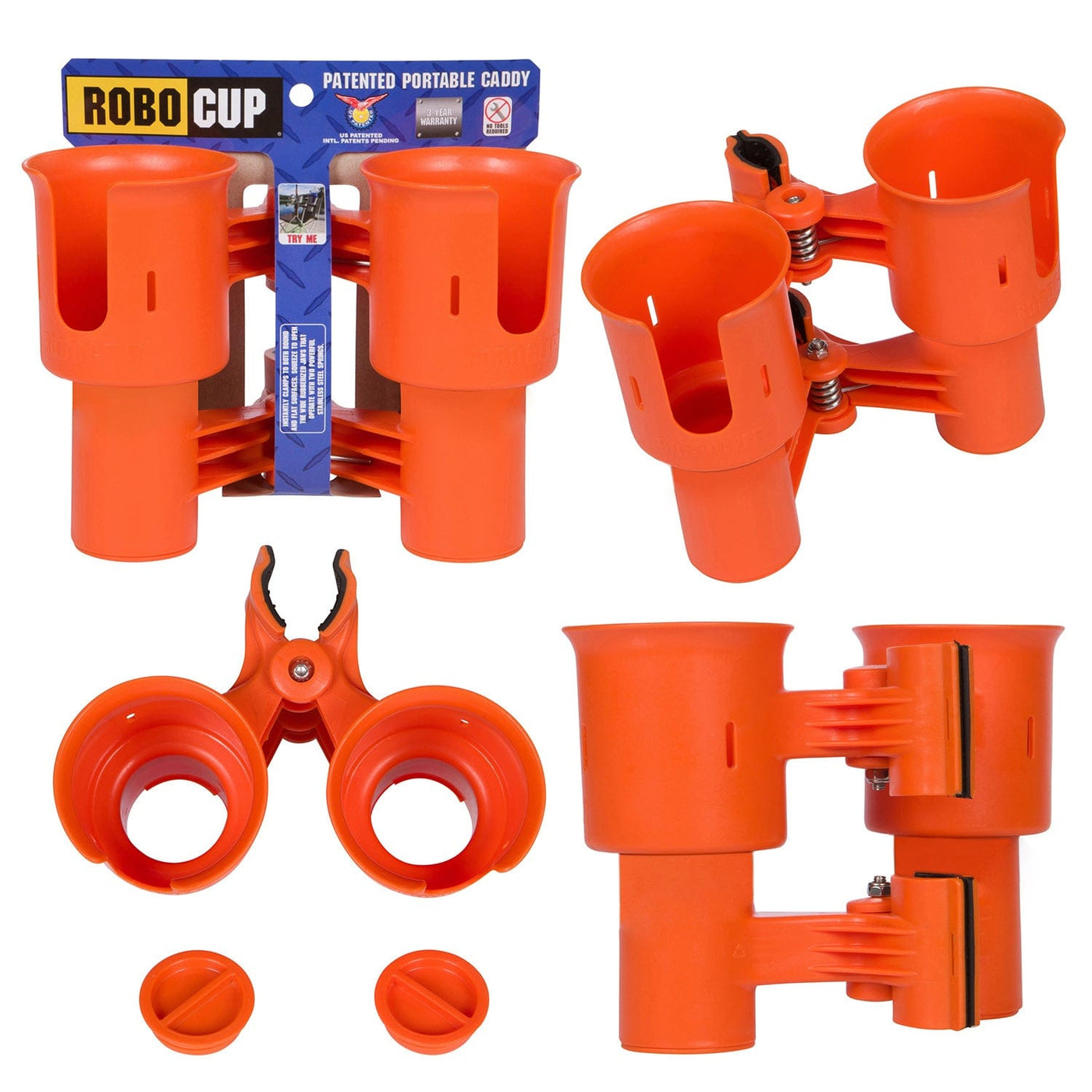 RoboCup Orange - Patented Clamp on Caddy Dual Cup & Rod Holder